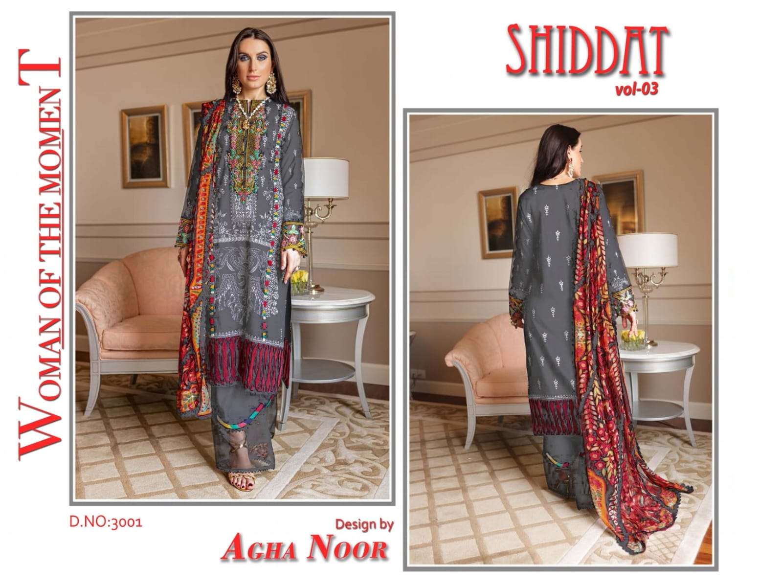 SHIDDAT VOL-3 BY AGHA NOOR 3001 TO 3010 SERIES COTTON PRINT PAKISTANI DRESSES